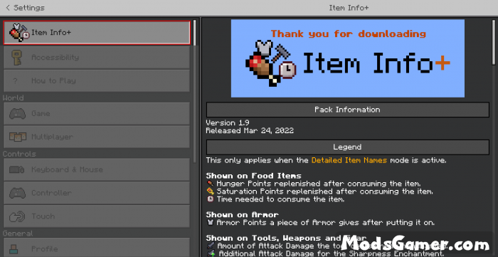Item Info+ Textures pack - Mods for Minecraft